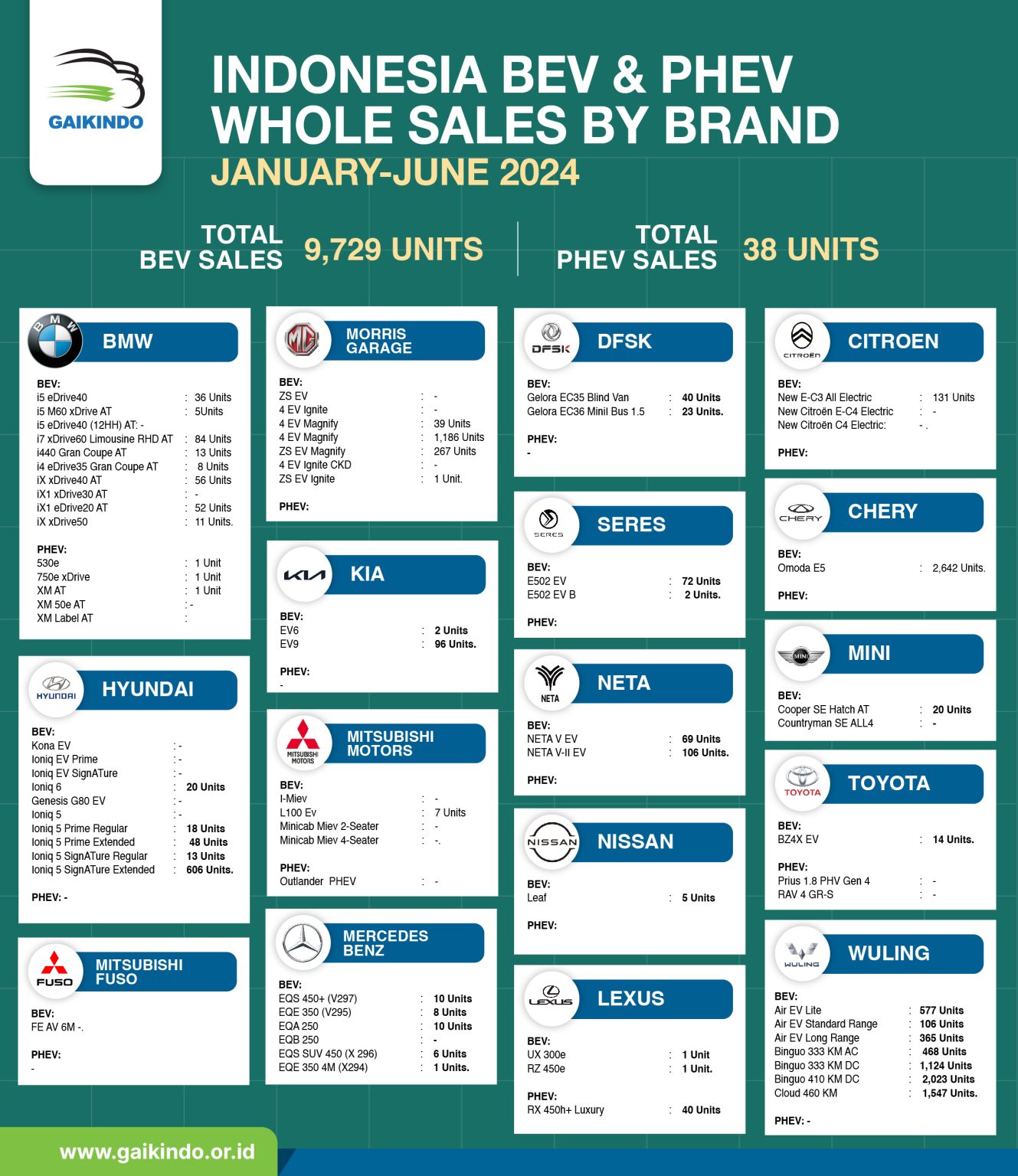 Indonesia BEV & PHEV Whole Sales by Brand January - June 2024 - GAIKINDO